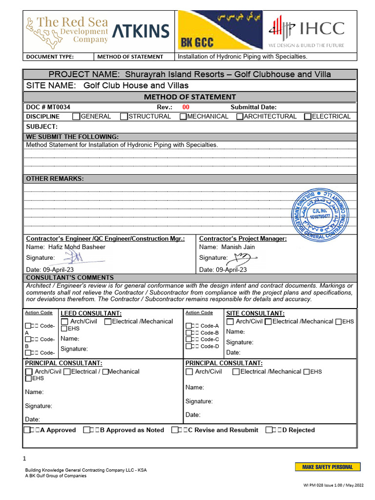 Hydronic Piping Installation Method Statement | PDF | Pipe (Fluid ...