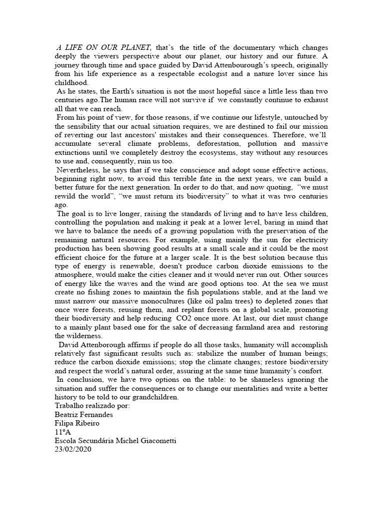 A LIFE ON OUR PLANET (Essay) | PDF | Biodiversity | Life
