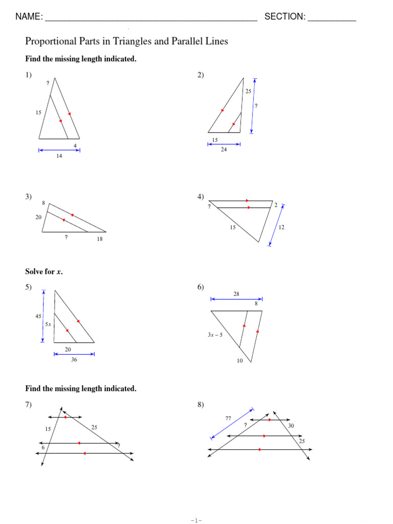 Proportional Parts in Triangles and Parallel Lines Worksheet | PDF ...