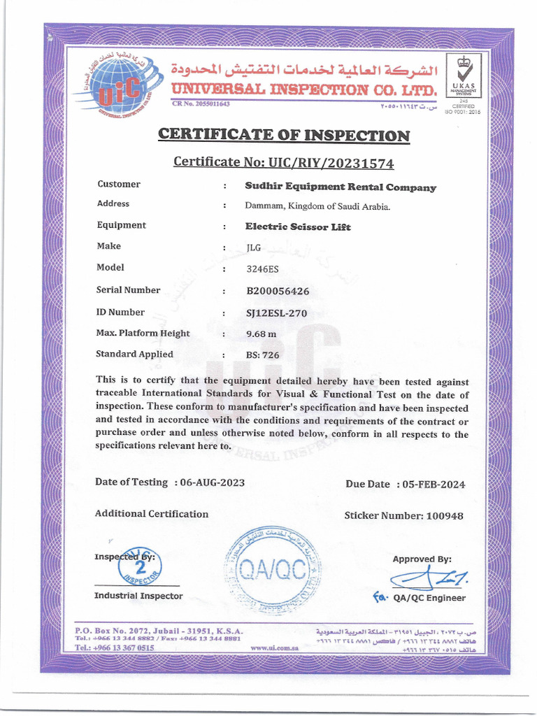 3rd Party Certifications For Scissor Lifts | PDF