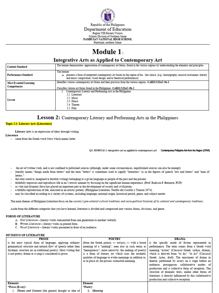CPAR Q3 Mod1 Lesson2.1 | PDF | Art | General Fiction