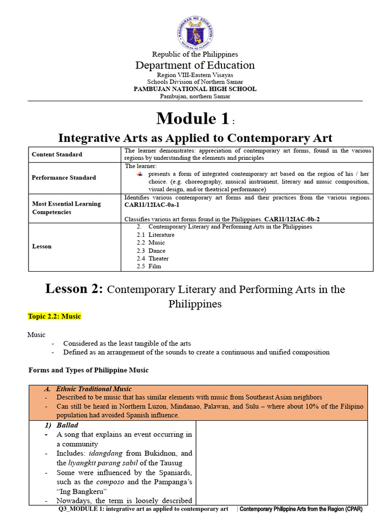 CPAR Q3 Mod1 Lesson2.2 | PDF | Orchestras | Songs