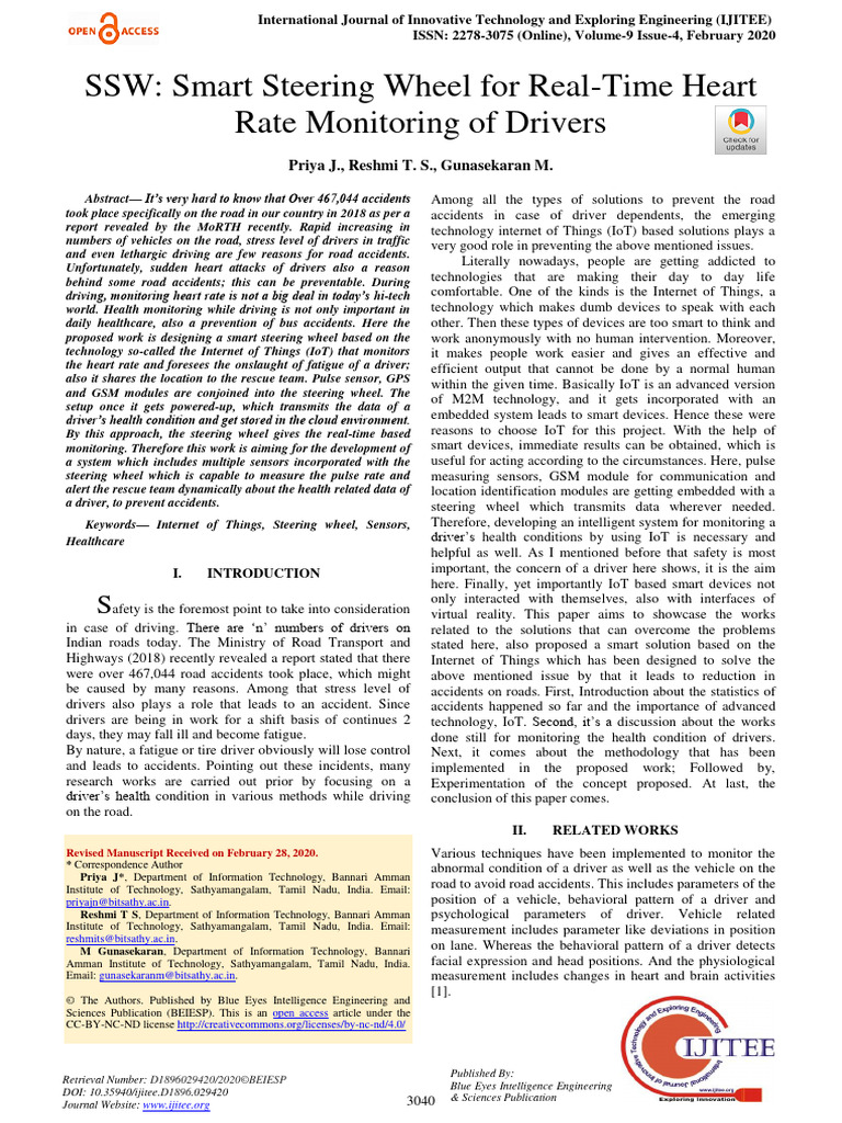 SSW: Smart Steering Wheel For Real-Time Heart Rate Monitoring of Drivers | PDF | Internet Of ...