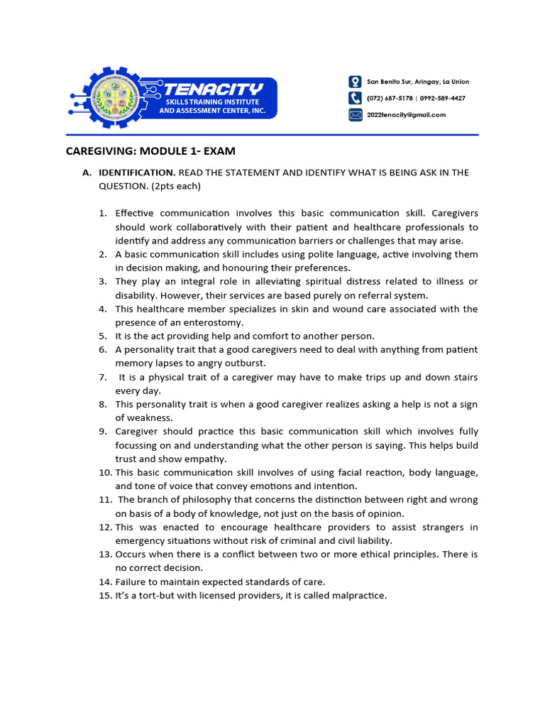 Exam Module 1 | PDF | Caregiver | Health Care