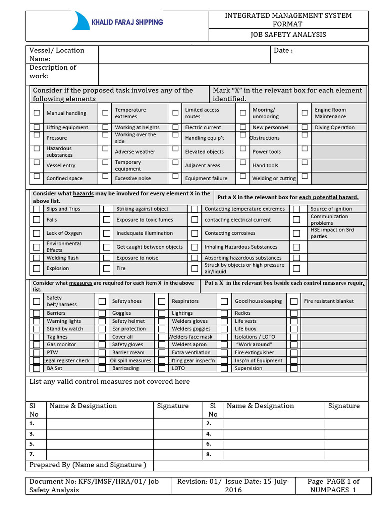 Job Safety Analysis KFS-IMSF-HRA-01-Job Safety Analysis | PDF | Hazards ...