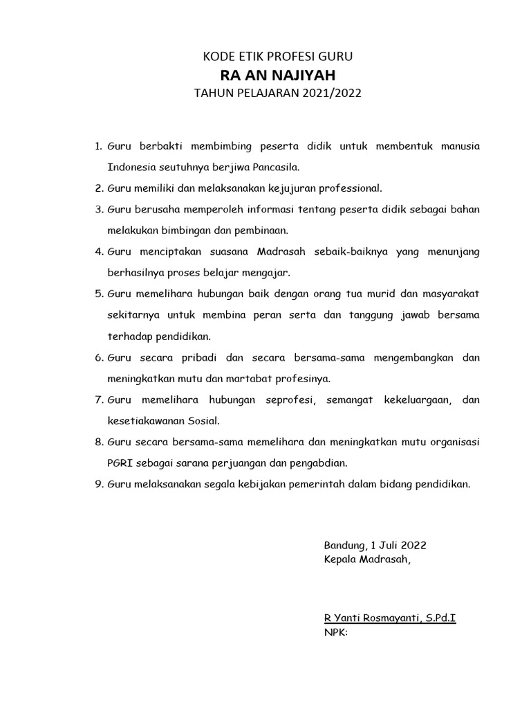Kode Etik Guru RA An Najiyah | PDF