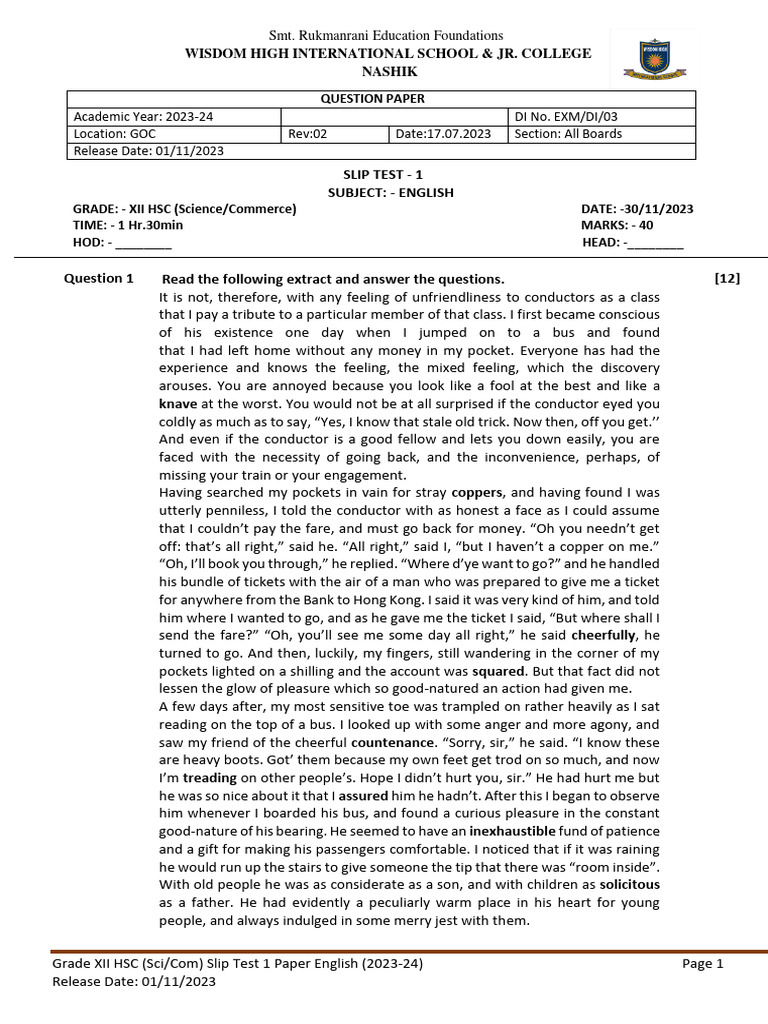 Grade 12-English-Slip Test 1 | PDF