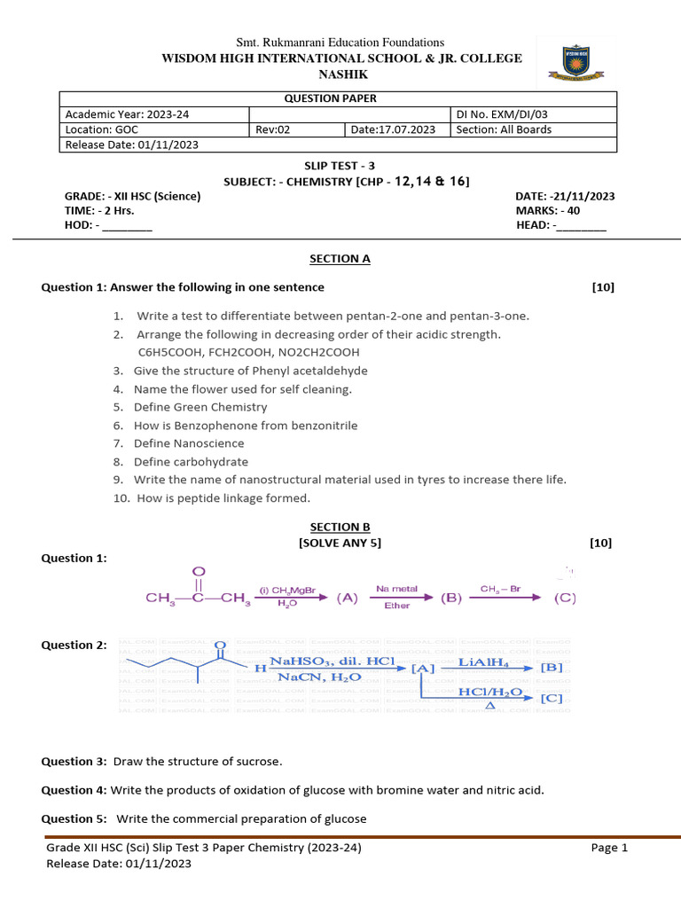 Grade 12 Slip Test Paper 3 | PDF | Chemistry | Materials