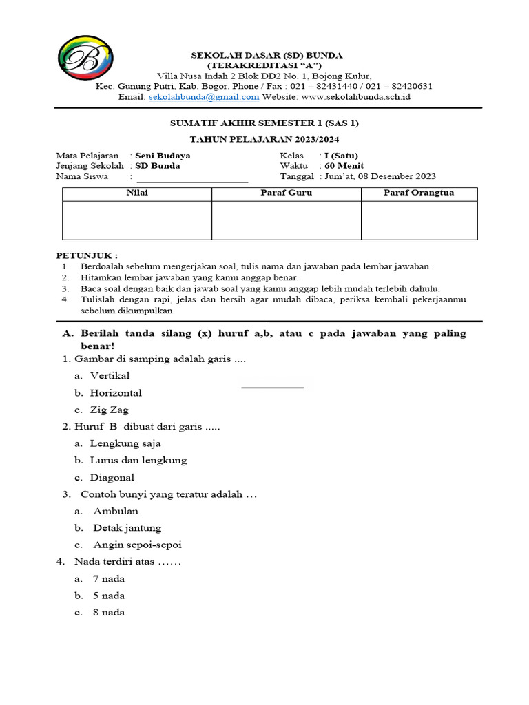 Soal SAS 1 Seni Budaya Kelas 1 TA 2023-2024 | PDF