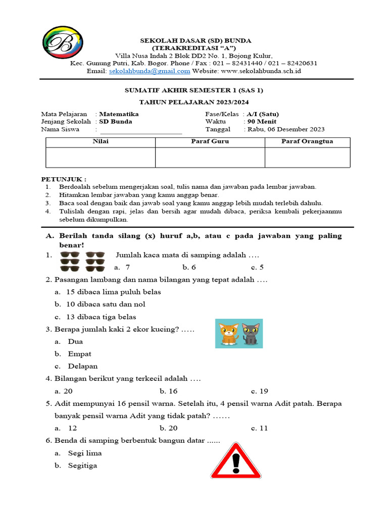 Soal SAS 1 Matematika Kelas 1 TA 2023-2024 | PDF | Olahraga & Rekreasi