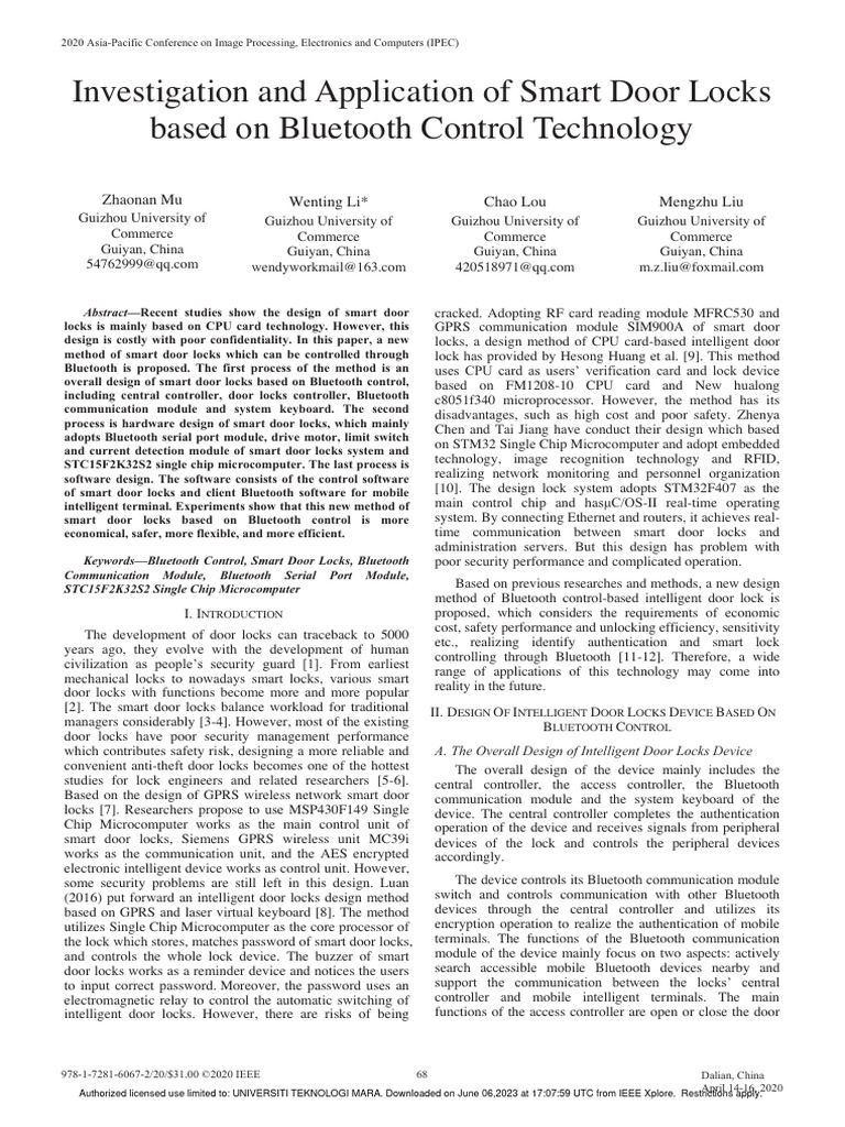 Investigation and Application of Smart Door Locks Based On Bluetooth ...