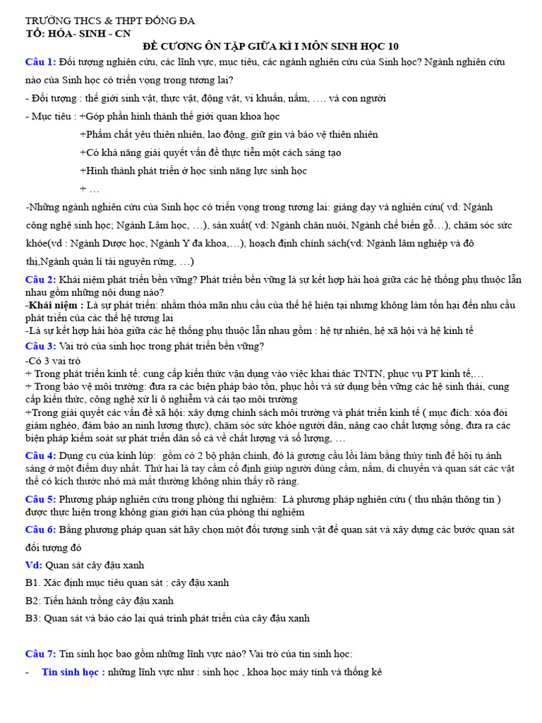 ĐỀ CƯƠNG ÔN TẬP GK I SINH 10đáp án tham khảo | PDF