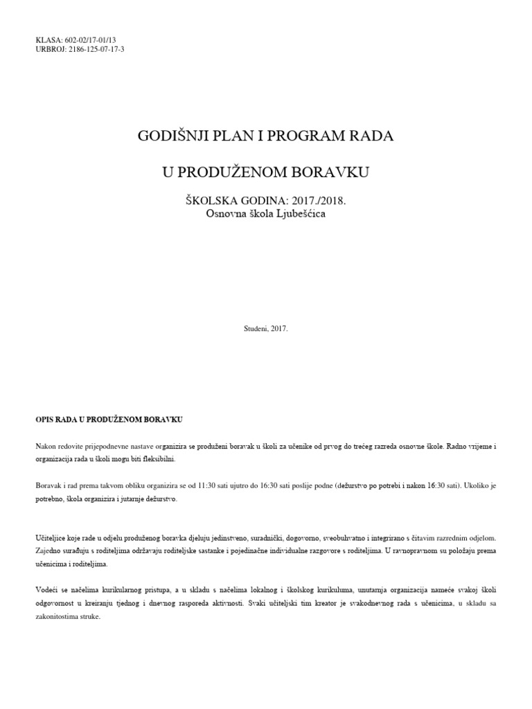 Godišnji Plan I Program Rada Produženog Boravka | PDF