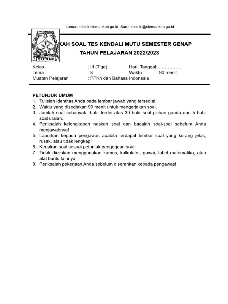 Soal TKM Kelas 3 Tema 8 Mupel PPKN B Ind | PDF