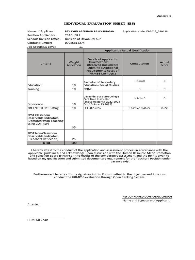 Individual Evaluation Sheet Ies | PDF | Teachers | Evaluation