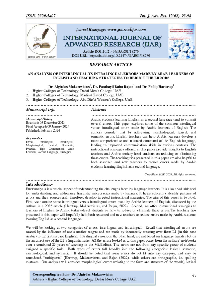 An Analysis of Interlingual VS Intralingual Errors Made by Arab Learners of English and Teaching ...