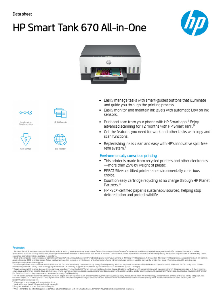 HP Smart Tank 670 All-in-One: Data Sheet | Download Free PDF | Printer (Computing) | Image Scanner