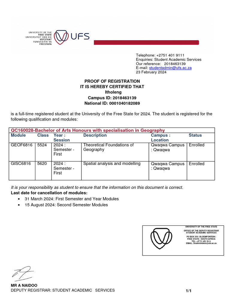 Proof of Registration for UFS Student | PDF