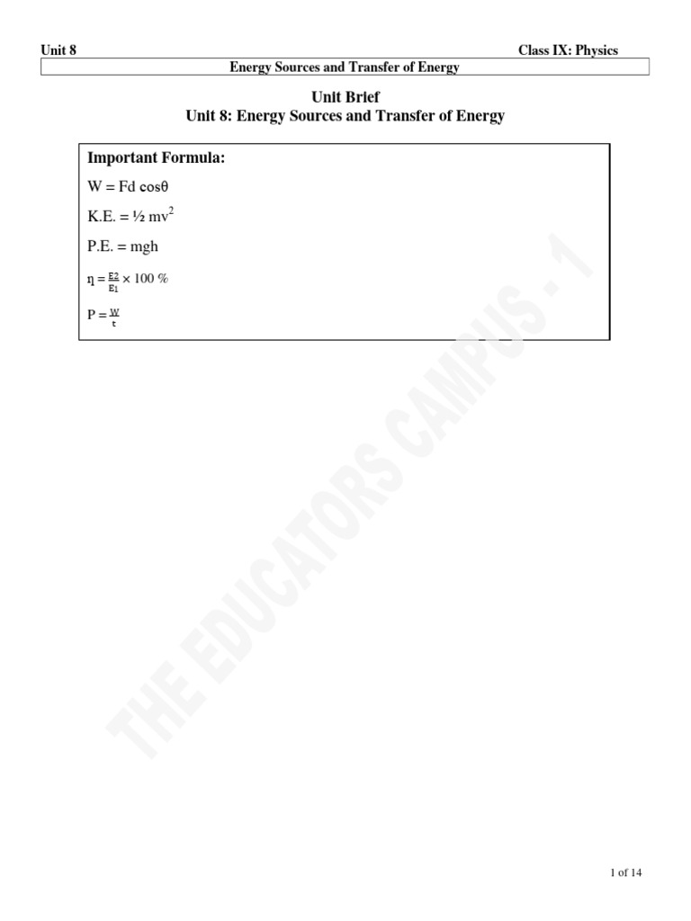 Unit Brief Physics IX Unit 8 Energy Sources and Transfer of Energy ...