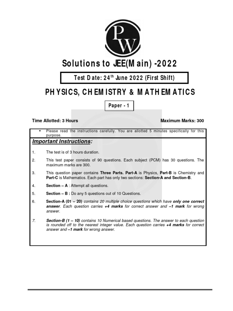 Jeee Mains 2022 Question Paper | PDF | Waves | Diffraction