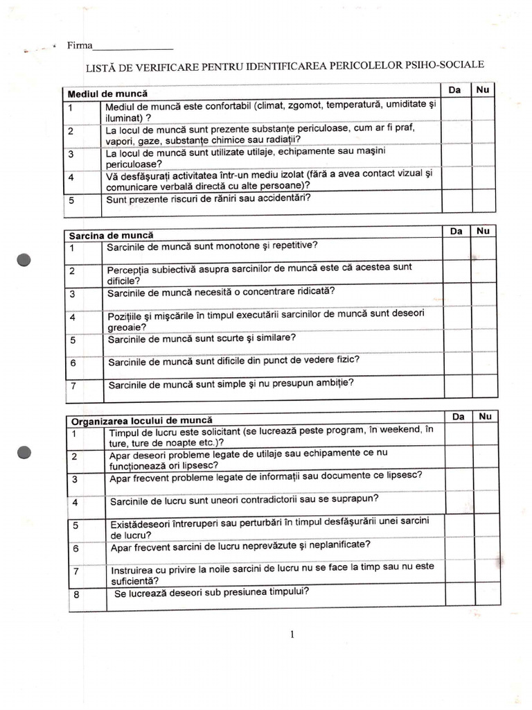 Fisa Identificare Riscuri Psihosociale | PDF