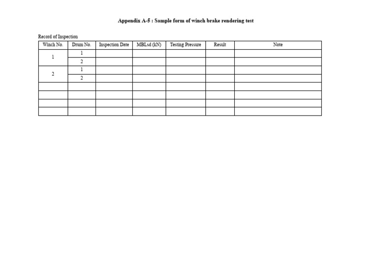 Appendix A-5 Sample Form of Winch Brake Rendering Test | PDF