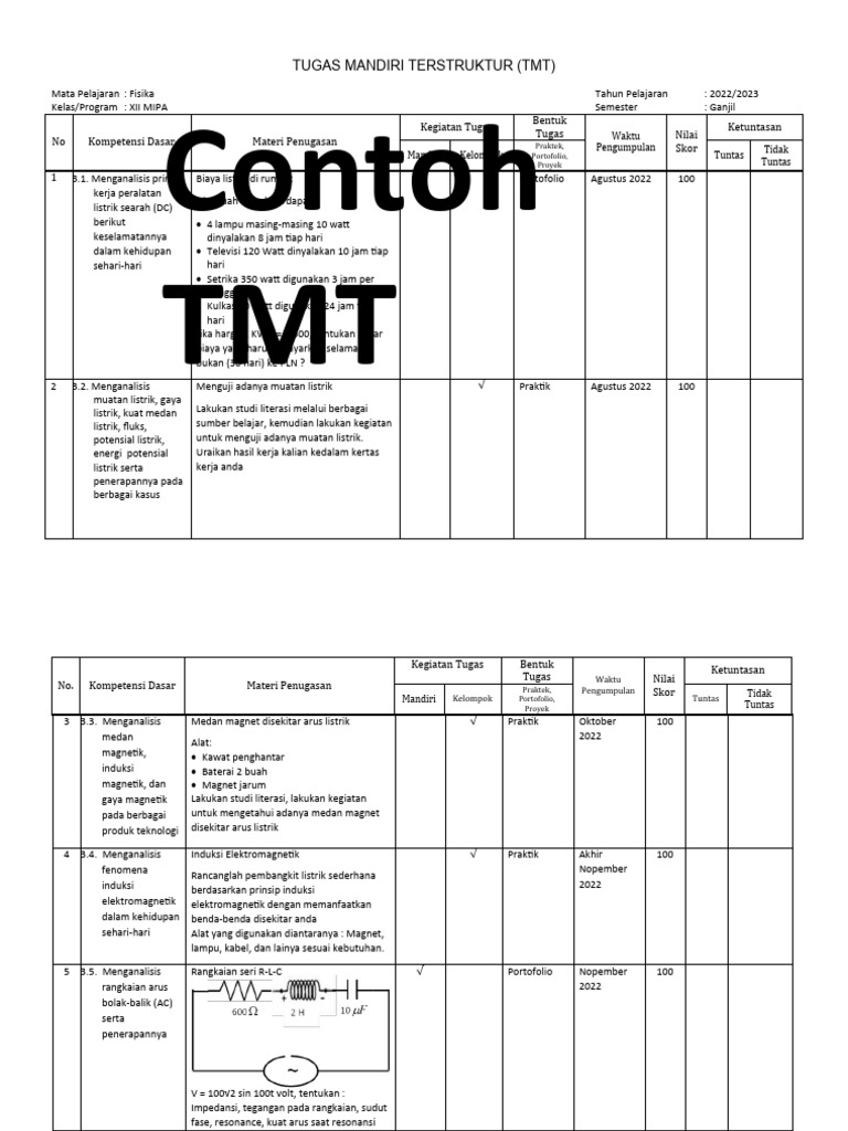 Contoh TMT Dan TMTT Sman 1 Padang Cermin | PDF