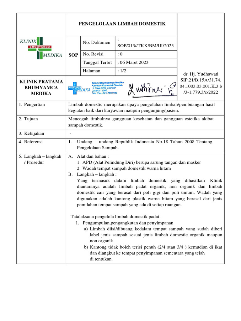 TKK 3 Ep 5. Sop Pengelolaan Limbah Domestik Dan Air Limbah | PDF