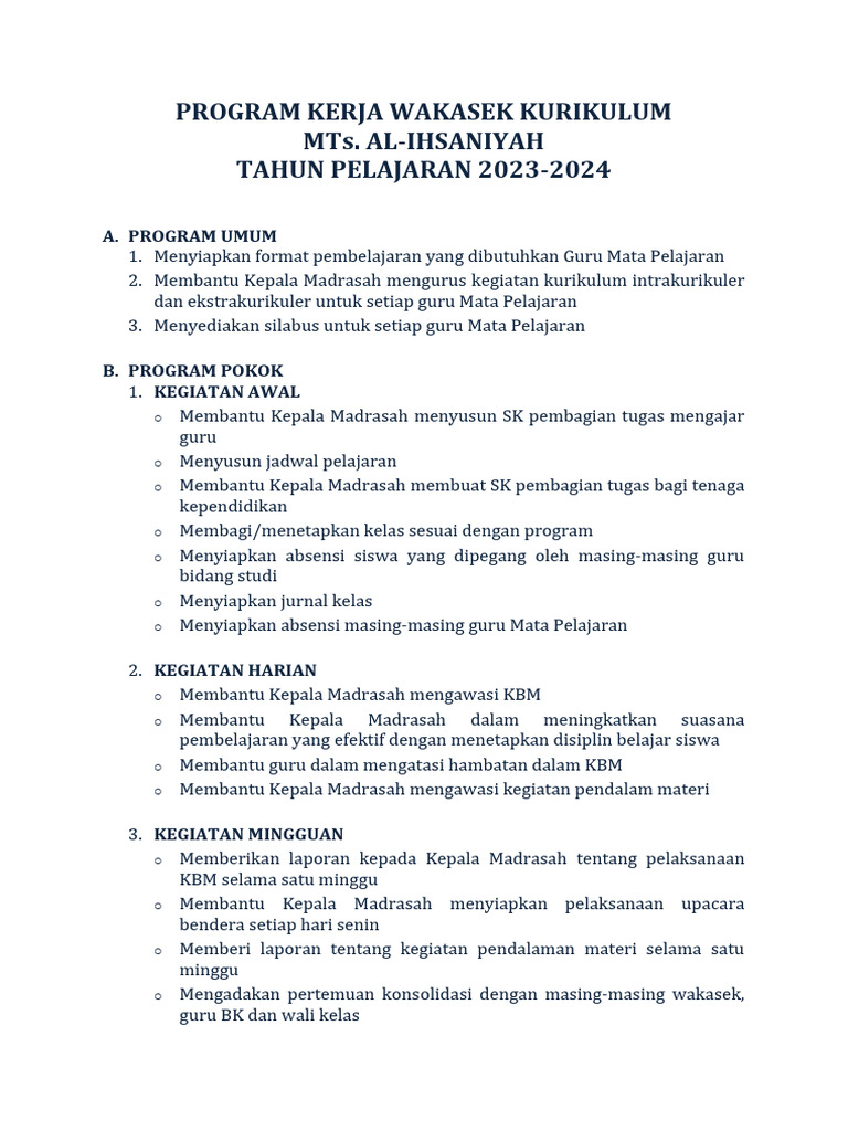 PROGRAM KERJA Harian, Mingguan, Bulanan WAKASEK KURIKULUM 2023-2024 Mts | PDF