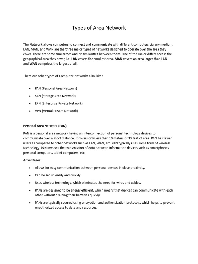 Types of Area Network | PDF | Computer Network | Local Area Network