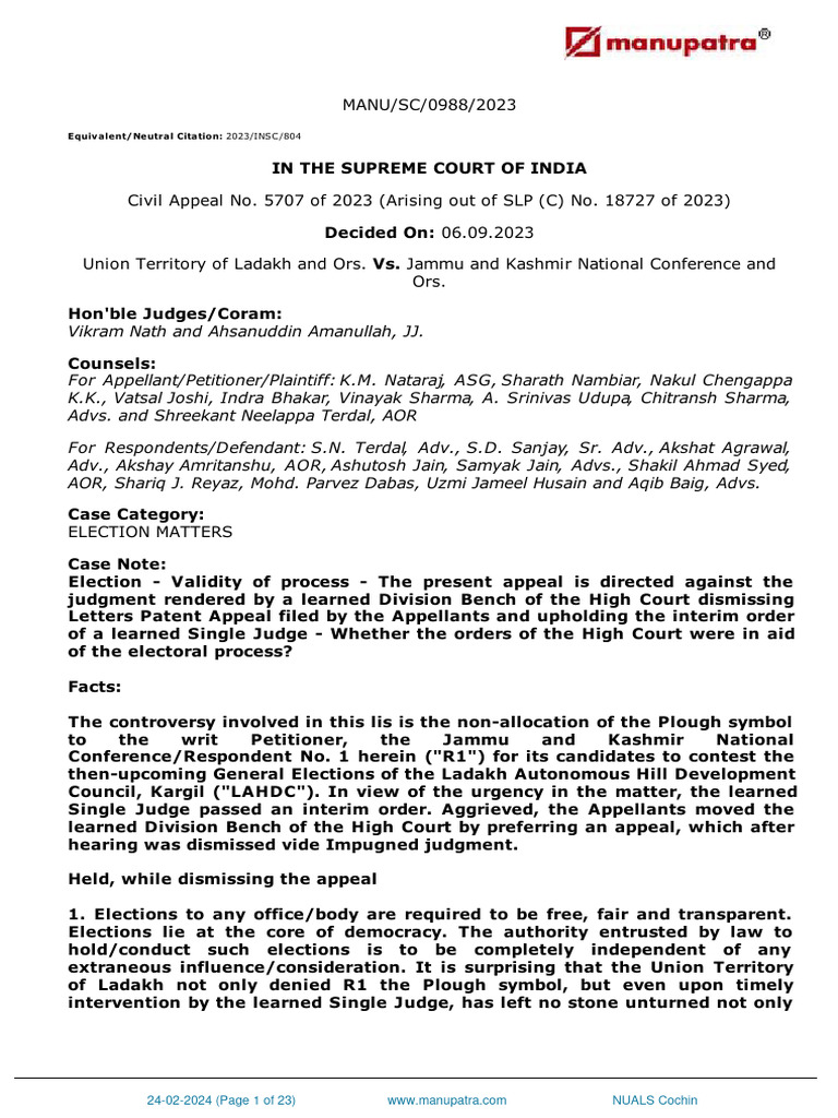 Plough Symbol Allotment in Ladakh Elections | PDF | Politics | Law