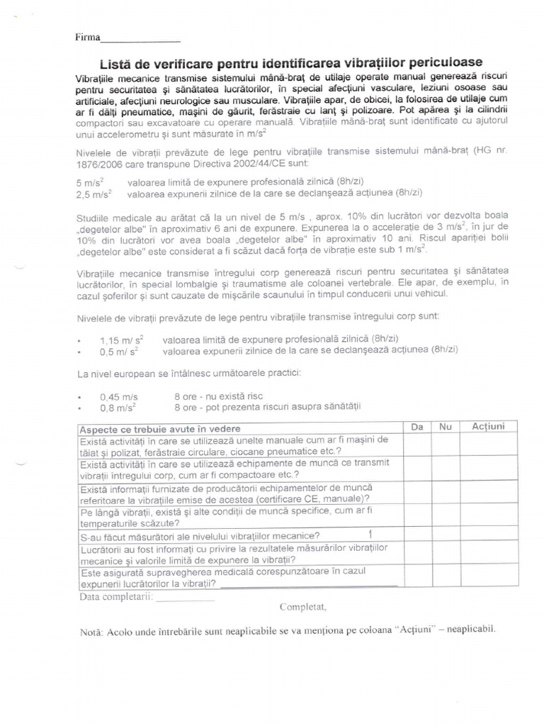 Fisa Identificare Riscuri Vibratii Periculoase | PDF