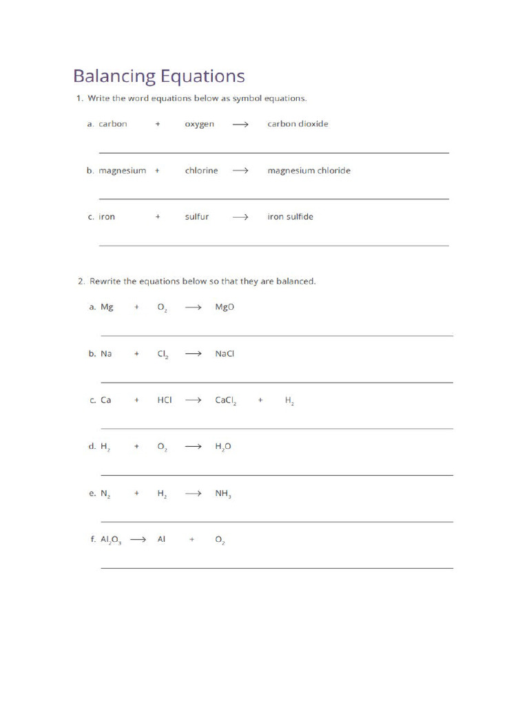 Balancing Equations - Work Sheet | PDF
