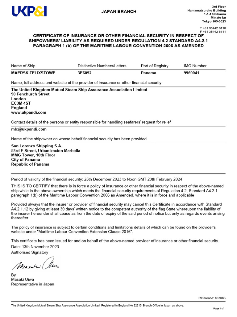 MAERSK FELIXSTOWE - MLC Certificate 4.2.1 | PDF | Insurance