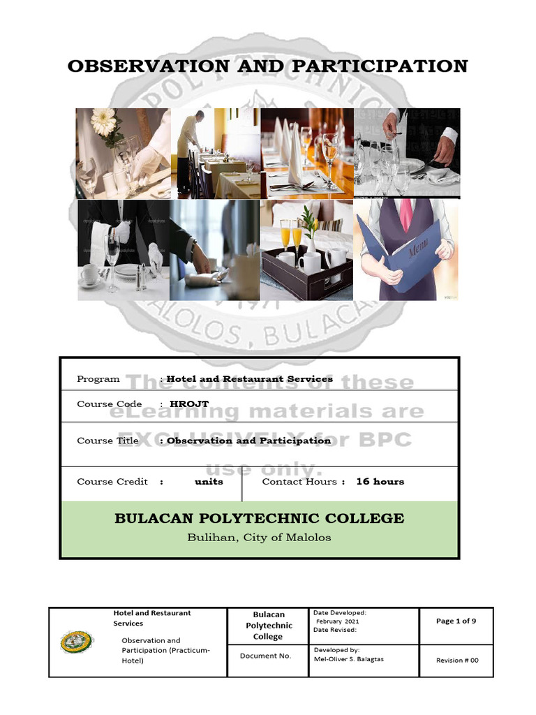 OJT Guidelines for Hospitality Students | PDF