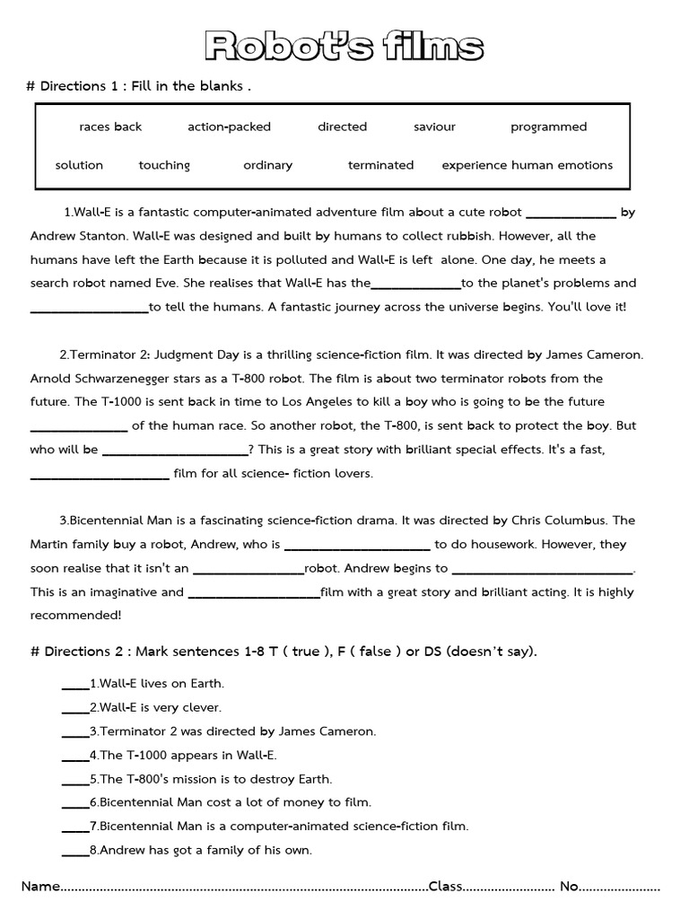 ใบงานเรื่อง Robot film | PDF