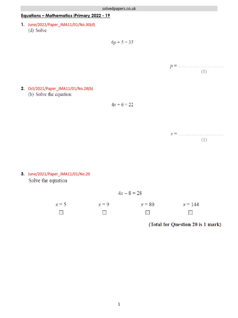 2022 19 Equations Edexcel Math Iprimary | PDF | Teaching Methods ...