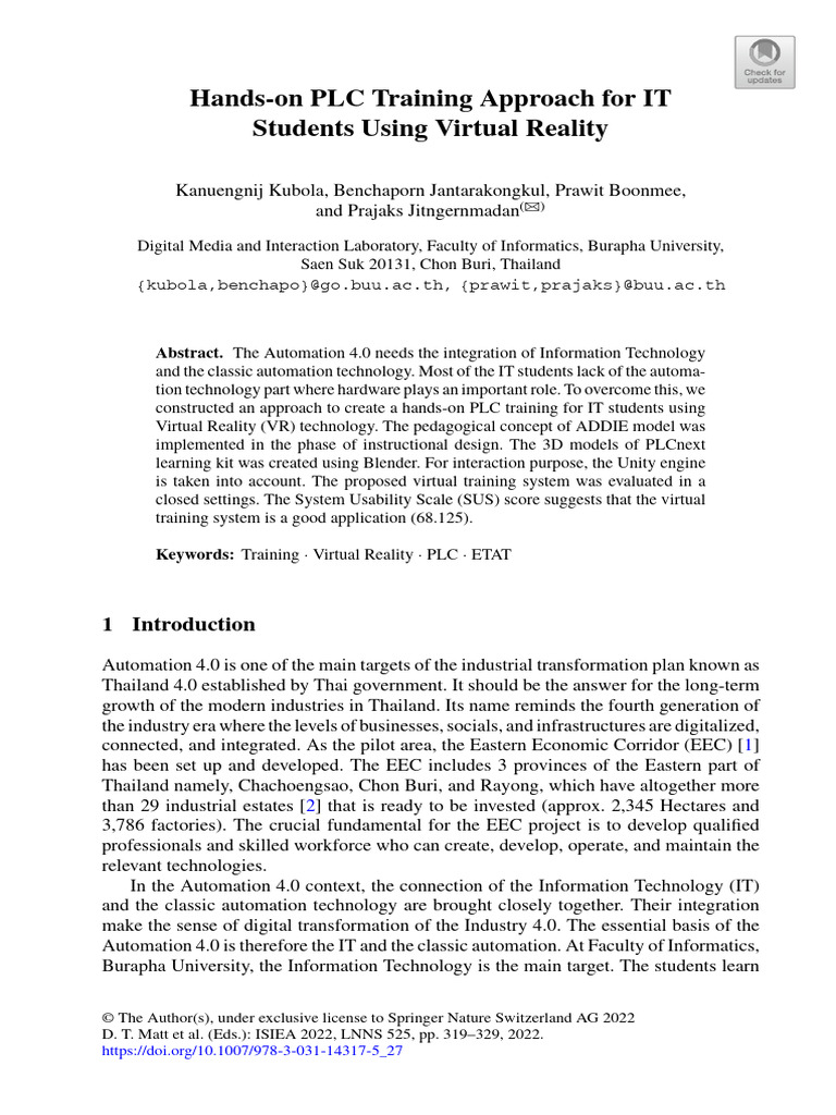 Hands On PLC Training Approach For IT Students Using Virtual Reality | PDF | Virtual Reality ...