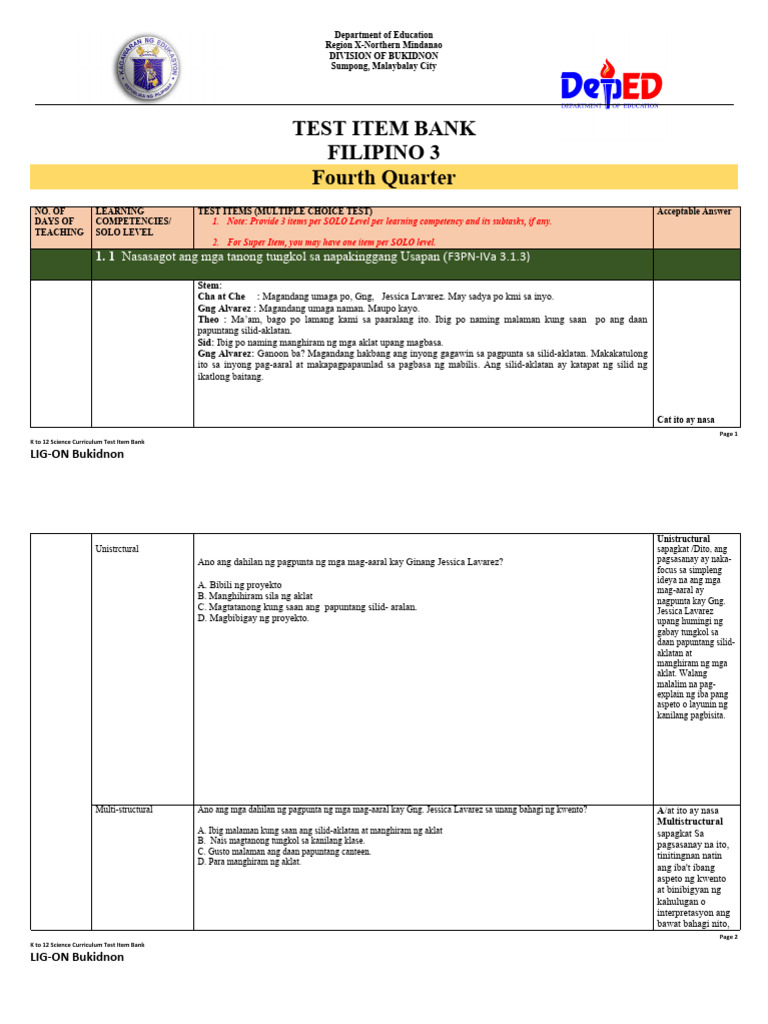 Filipino 3 Q4 Test Item Bank | PDF