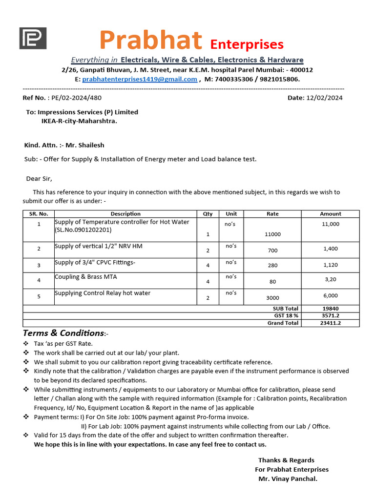 IKEA Worli Mumbai - 240201 Quotation For Meter Calibration & Relay ...