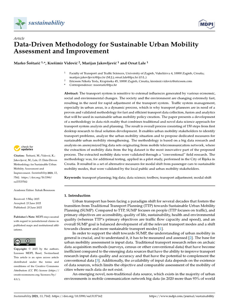 Data Driven Methodology For Sustainable Urban Mobility Assessment And Improvement Pdf