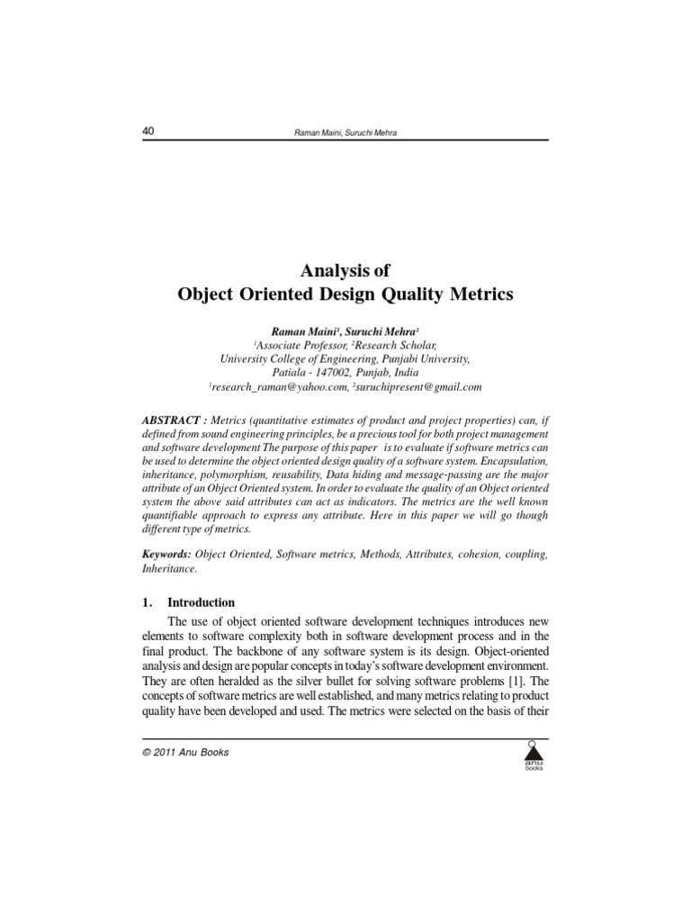 Analysis Of Object Oriented Design Quality Metrics Pdf Object