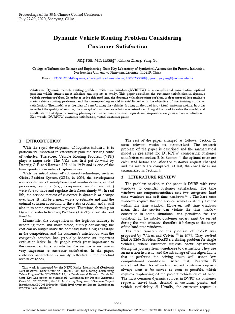 Dynamic Vehicle Routing Problem Considering Customer Satisfaction Pdf