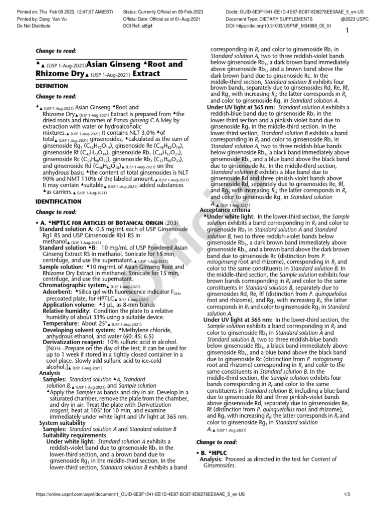 Asian Ginseng Root and Rhizome Dry Extract | PDF | Chromatography | Ethanol