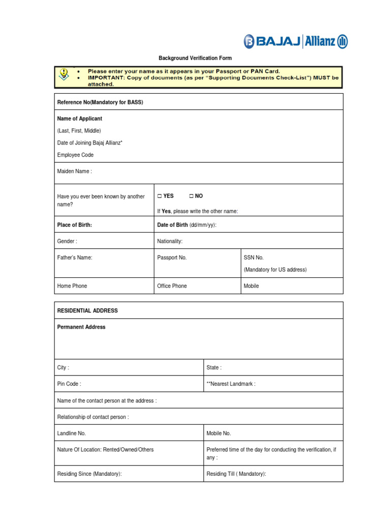 Background Verification Form | PDF