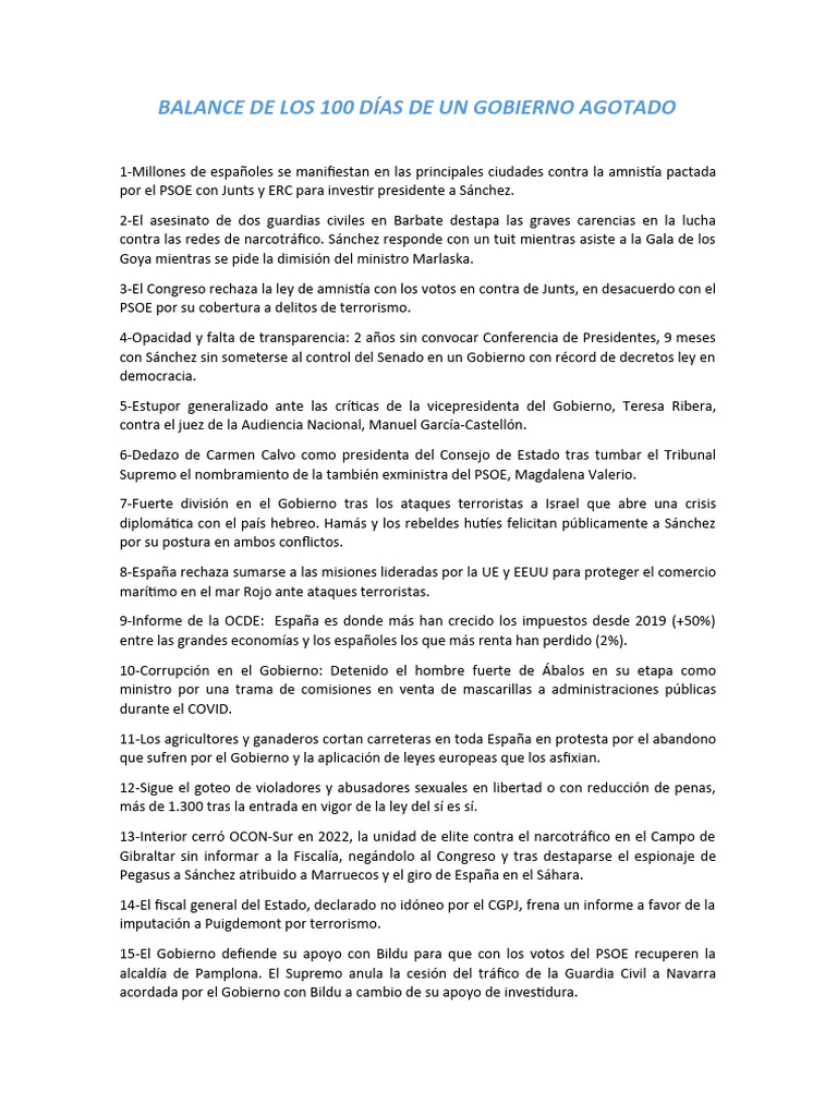 Balance de Los 100 Días para Un Gobierno Agotado | PDF | España ...