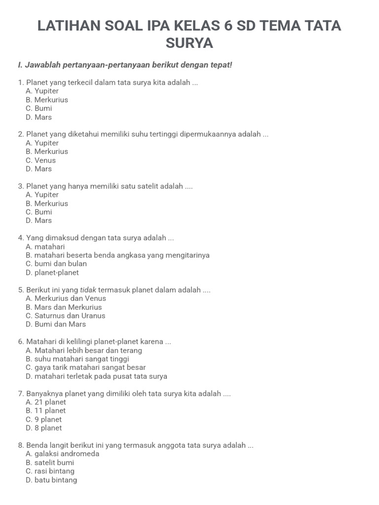 LATIHAN SOAL IPA KELAS 6 SD TEMA TATA SURYA Dan Kunci Jawaban | PDF