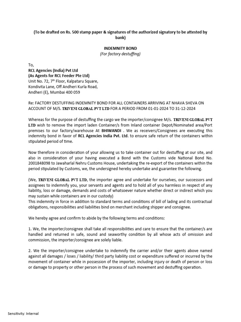 RCL FACTORY DE-STUFF BOND FORMAT 2023 Yearly. | PDF | Indemnity | Cargo