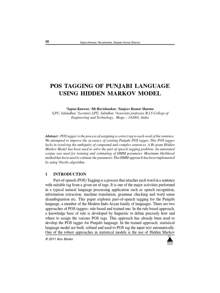 Pos Tagging Of Punjabi Language Using Hidden Markov Model Pdf Artificial Intelligence
