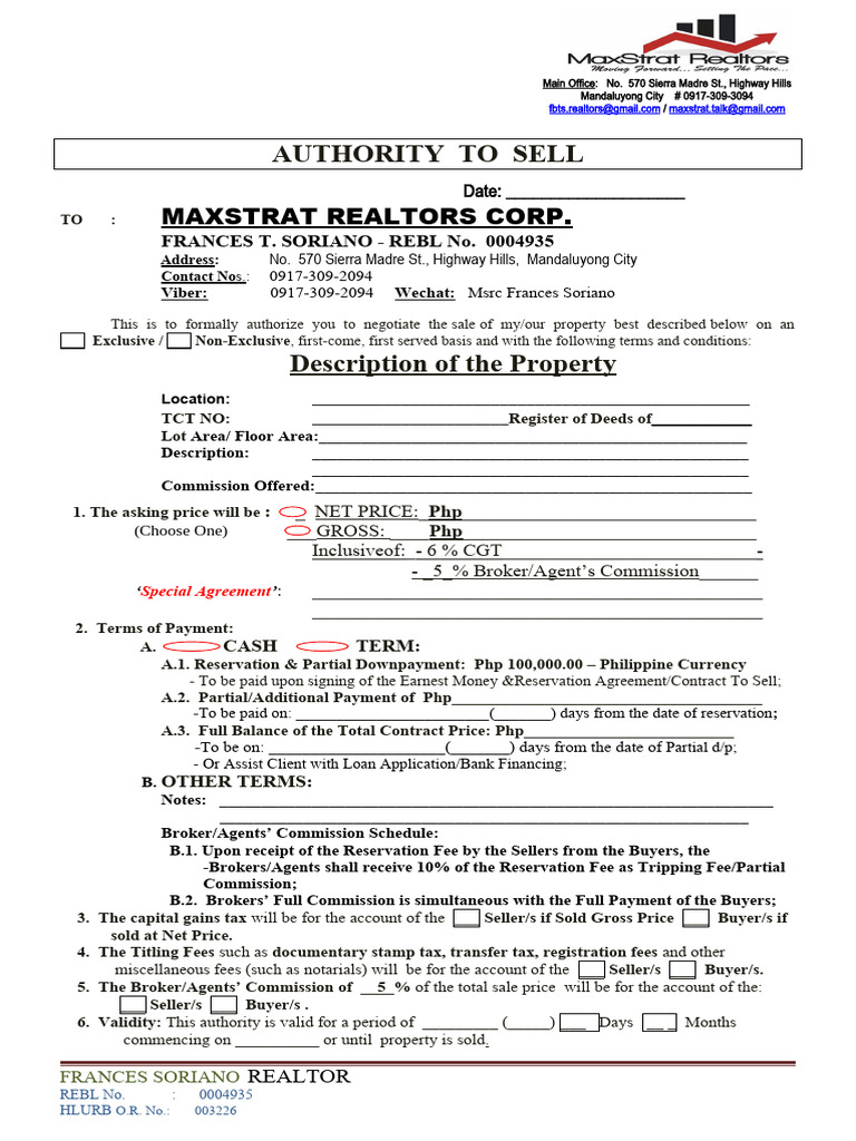 Authority To Sell - Exclusive& Non Exclusive For MSR - Blank | PDF | Private Law | Business